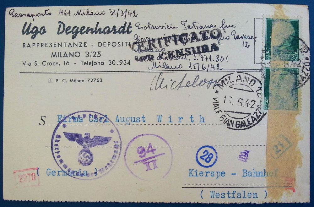 Italien Postkarte mit Zensurstempel Wehrmacht 1942 (Gebraucht) in Oberriet SG für CHF 15 – mit ...