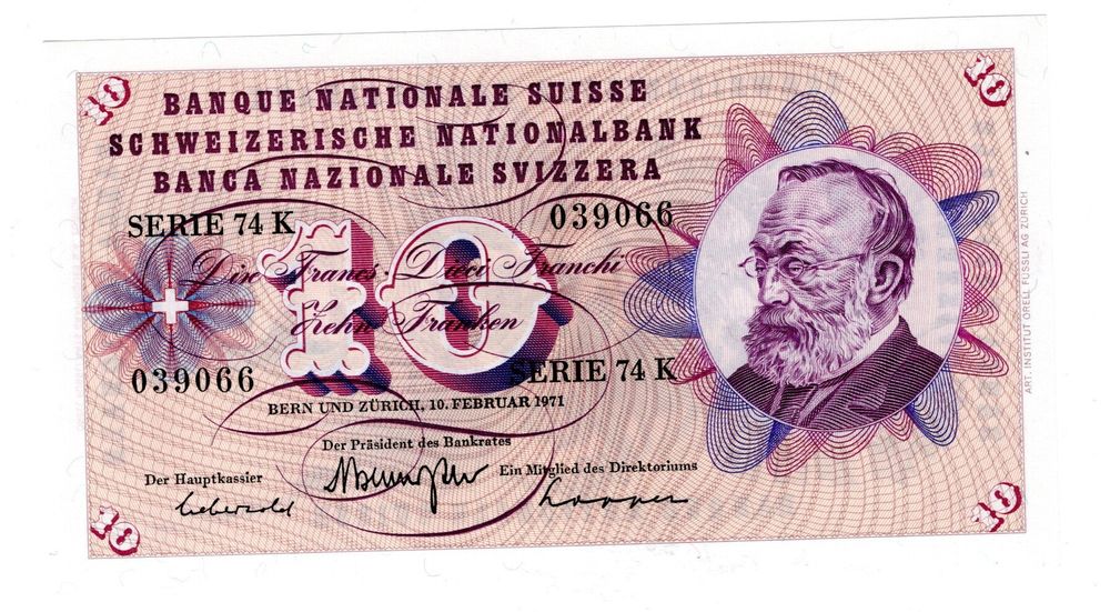 Note 10 CHF 1971 ungefaltet, Neu (Neu und originalverpackt) in Bure für ...