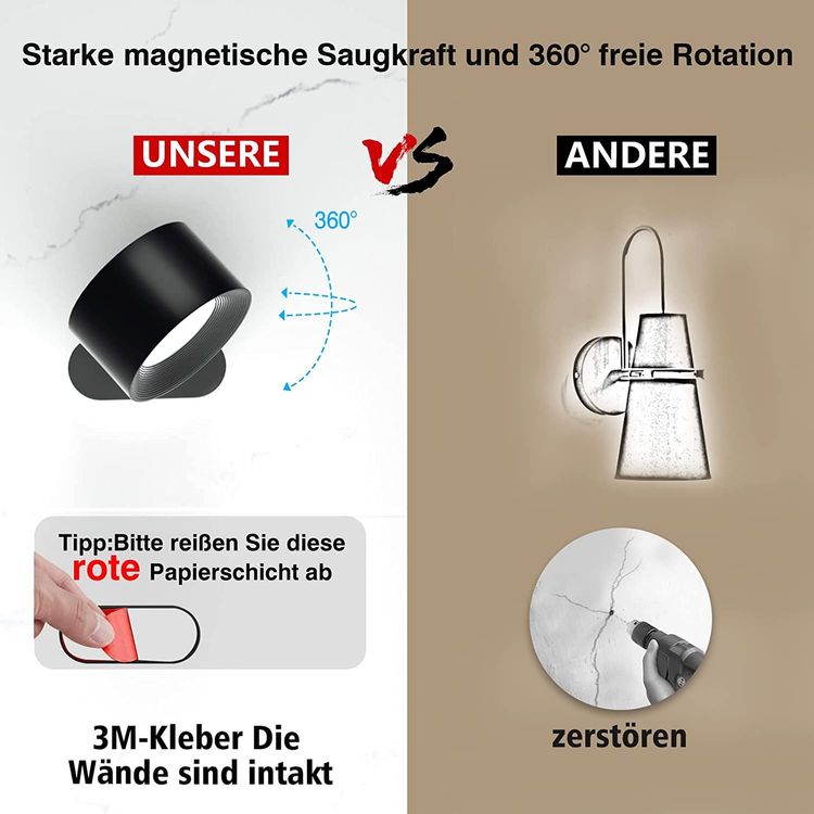 Led Wandlampe Dimmbar mit Akku Touch Control 3 Farbmodi 360° (Neu und originalverpackt) in ...