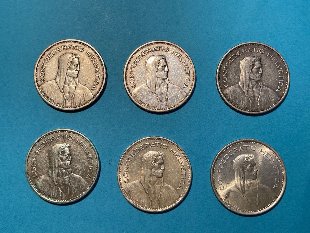 6 Stück Silbermünzen 5 Fr. diverse Jahrgänge (Fünfliber) (Gebraucht) in Buonas für CHF 50 – mit ...