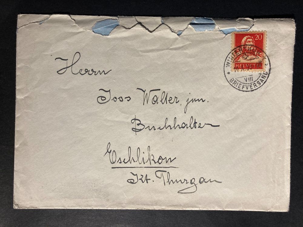 Schweiz 1933 Bedarfsbrief 20 Rp. Tell Winterthur Eschlikon (Gebraucht) in Liestal für CHF 1 ...