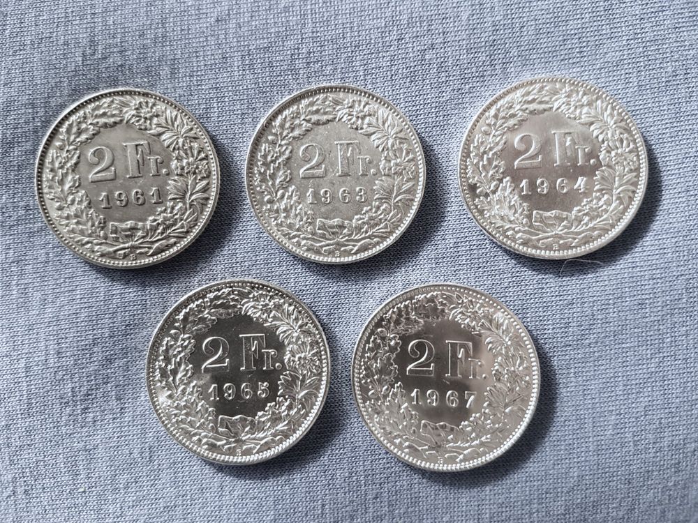 5 x 2 Fr schöne Silberm. 1961 bis 1967 kompl. Serie ab 1 Fr! (Gebraucht) in Camignolo für CHF 26 ...