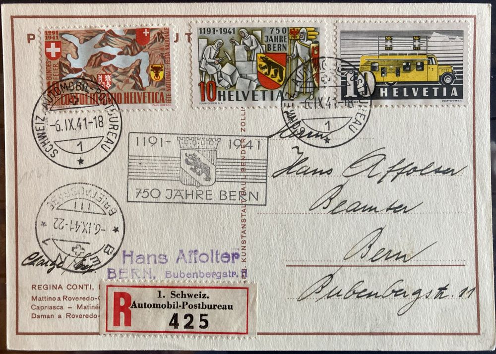 FDC 1941 "750 Jahre Stadt Bern" auf Karte, SBK 35 Fr. (Gebraucht) in Flawil für CHF 7 – mit ...