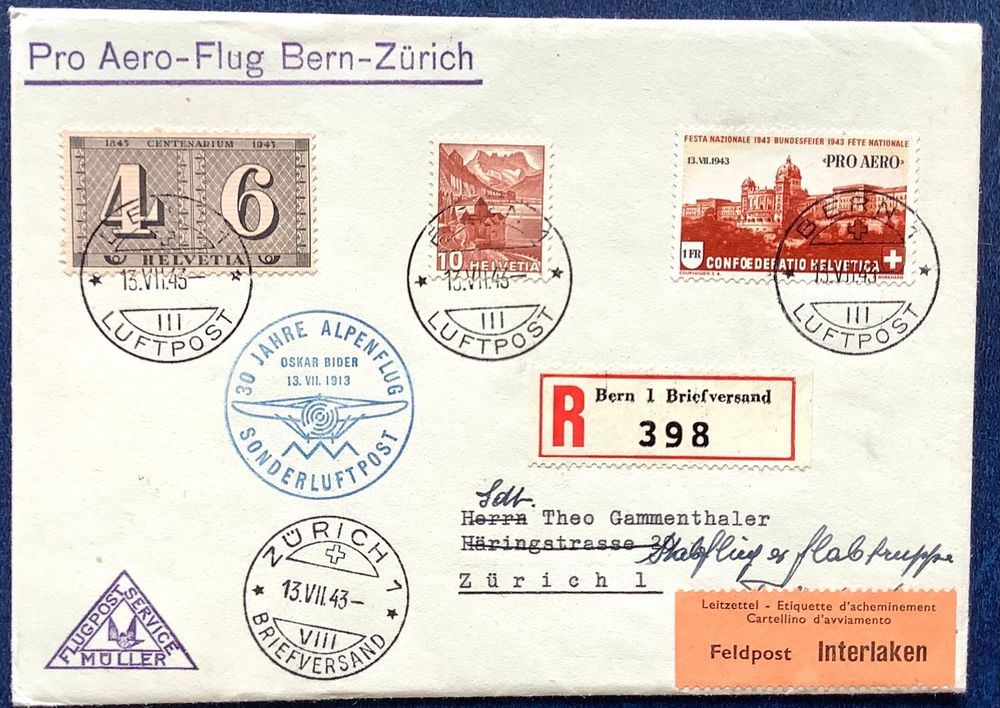 1943 Pro Aero R- Flugpostbrief Bern - Zürich - FELDPOST | Kaufen auf Ricardo