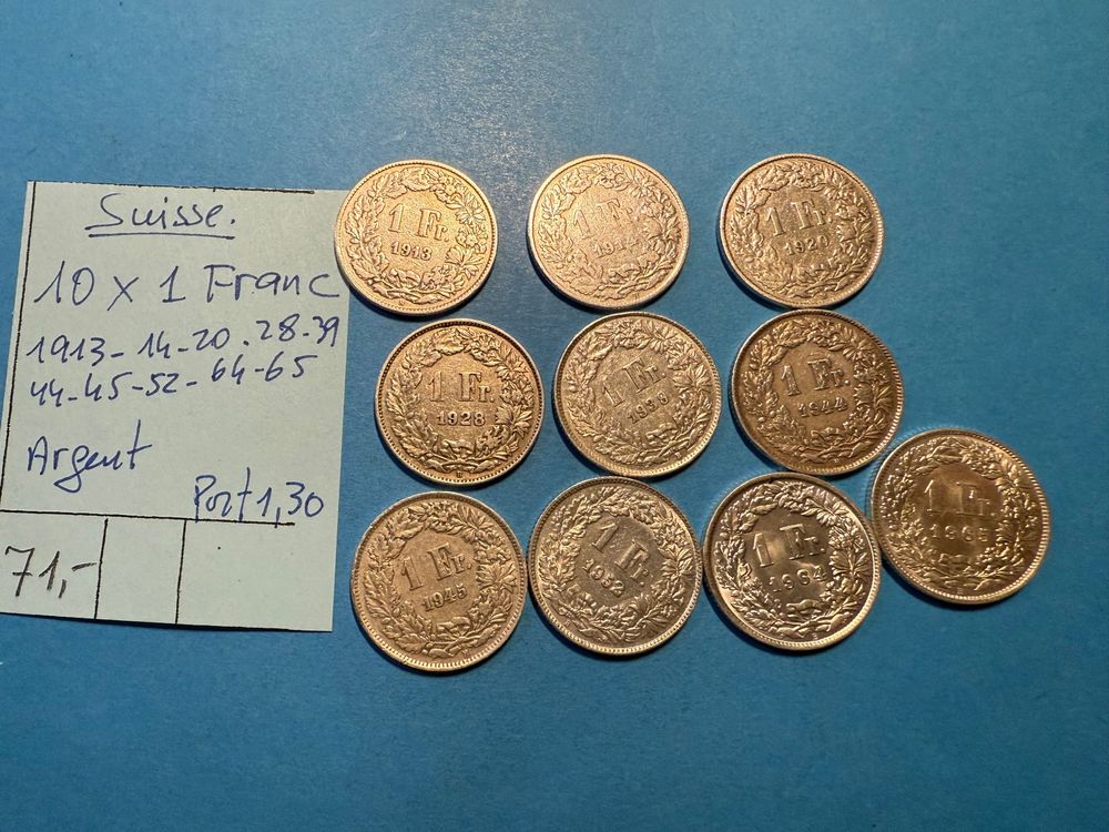 SUISSE : 10 X 1 FRANC 1913-14-20-28-39-44-45-52-64-65- (D'occasion) à ...