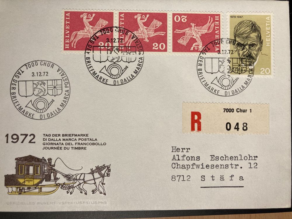 Schweiz 1972 R-Brief SSt Tag der Briefmarke Chur Kehrdruck (Gebraucht) in Liestal für CHF 2.5 ...