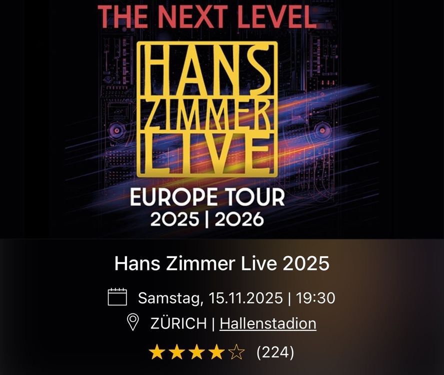 Hans Zimmer, Zürich, 16.11.2025. 2 Sitz D1 für Fr. 399.00! (Neu und ...