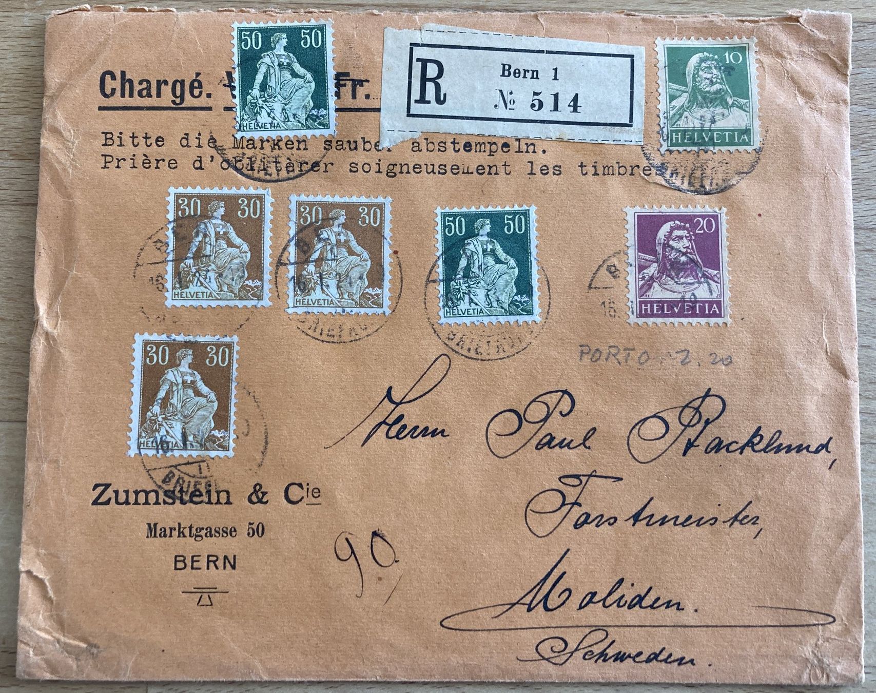 1924, Siegelbrief Zumstein nach Schweden, Frankatur 2.20 Fr. (Gebraucht) in Flawil für CHF 15 ...