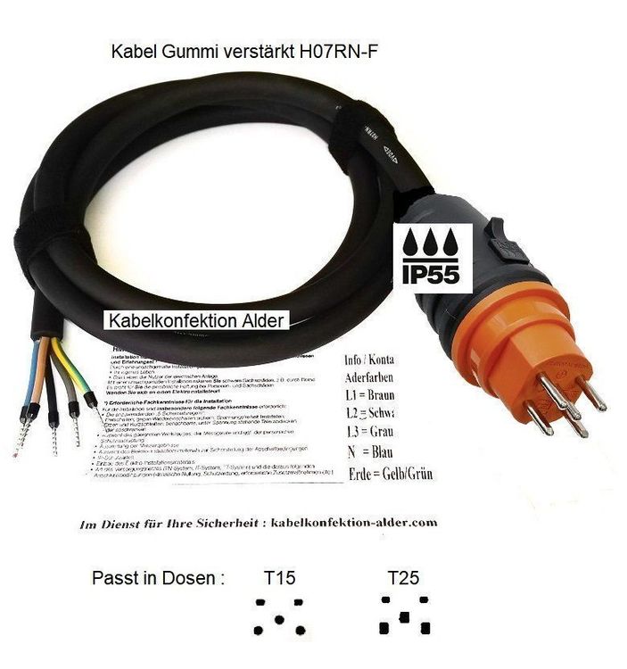 5m T15 IP55 Geräteanschlusskabel Gummikabel für Aussenanw. (Neu und ...