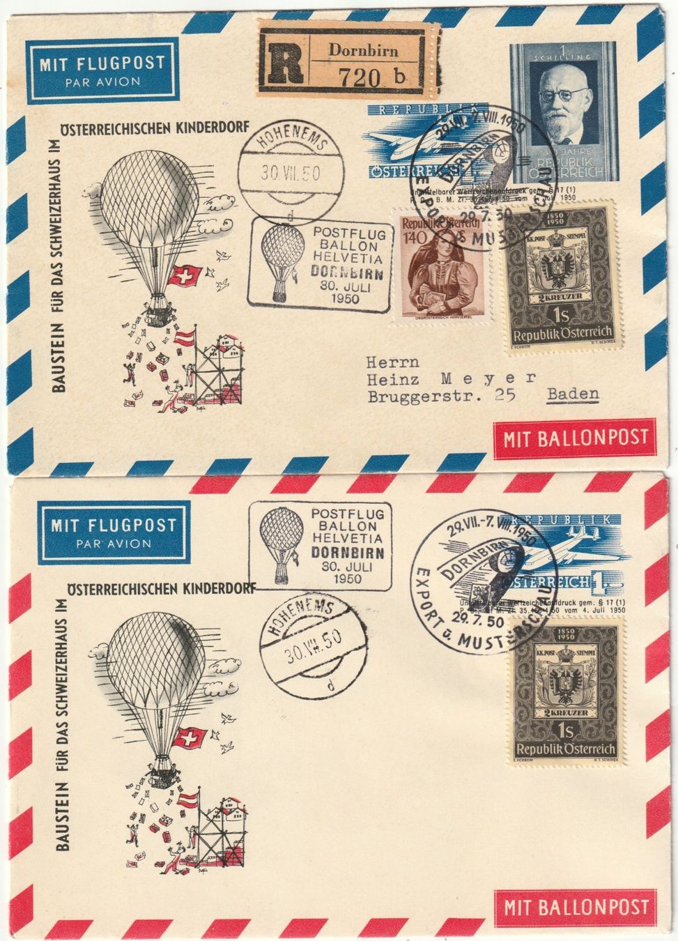 AUT 1950, beide So-Umschläge 1. Ballonpostflug in die Schwei (Gebraucht ...