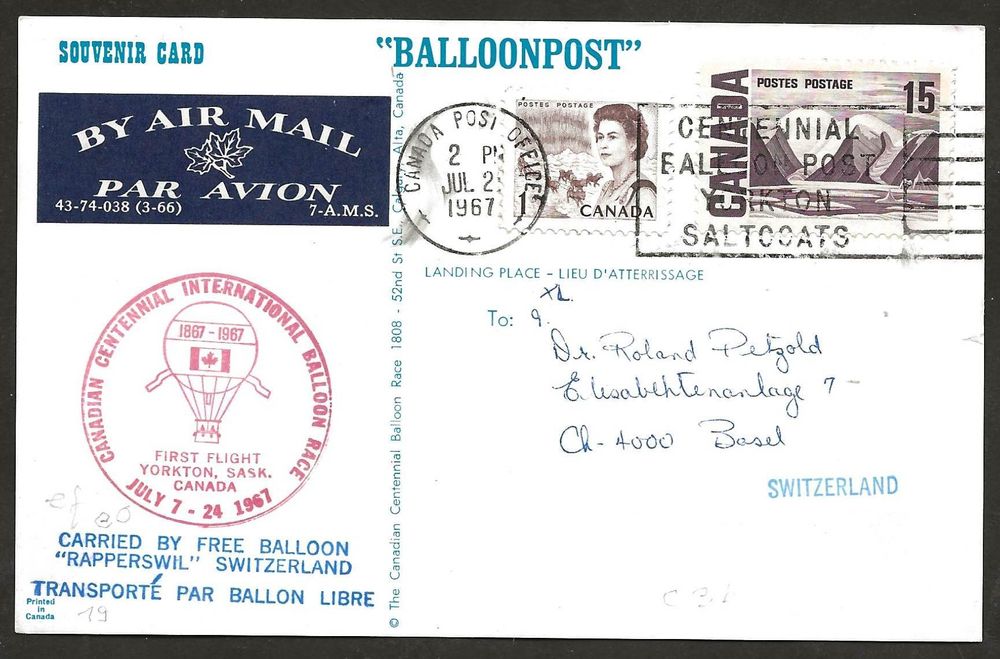 Ballon Kanada Schweiz 1967 Luftpost Muggler C5b 50.- (Gebraucht) in Au ZH für CHF 15 – mit ...