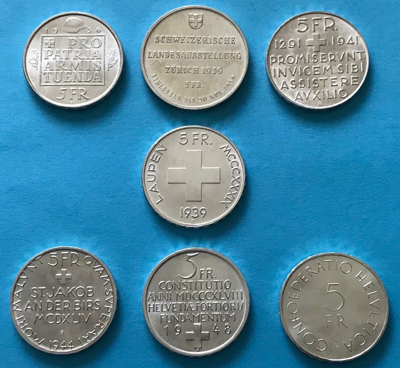 alle 7 Schweizer Silber-5 Franken-Gedenkmünzen 1936 - 1963 (Gebraucht) in Zürich für CHF 201 ...