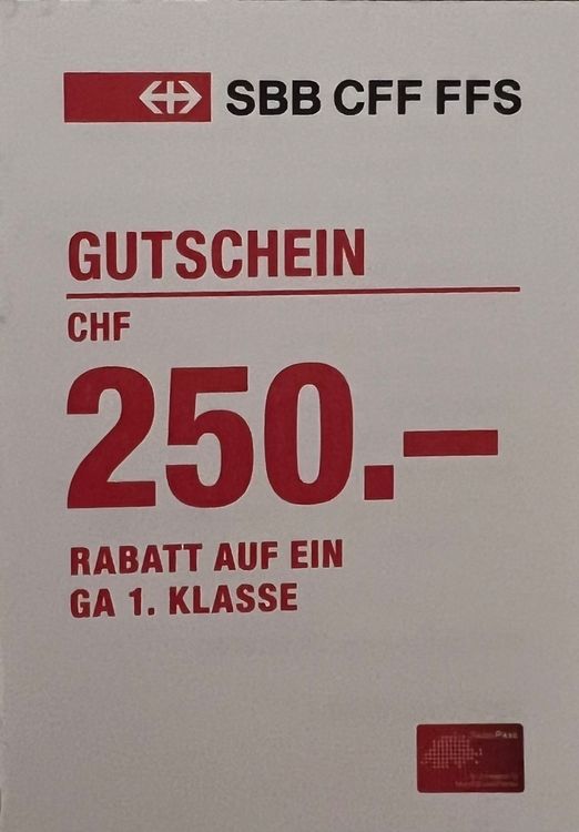 Gutschein SBB CHF 250.- 1. Klass GA (Gebraucht) in Jona für CHF 2 – mit Lieferung auf Ricardo kaufen