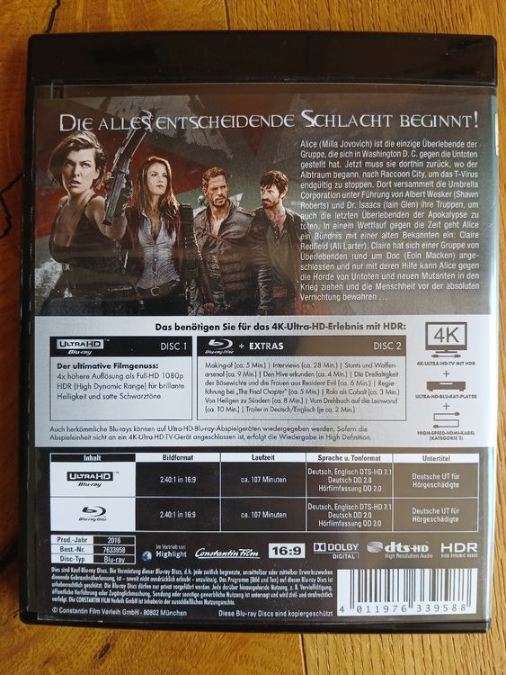 Resident Evil: The Final Chapter 4K Ultra HD Blu-ray (Gebraucht) in Langendorf für CHF 4 – mit ...