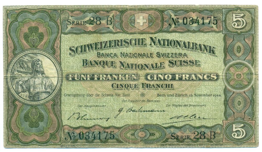 CHF 5.- / 5 Franken Banknote 16. November 1944, Serie 28 B (Gebraucht ...