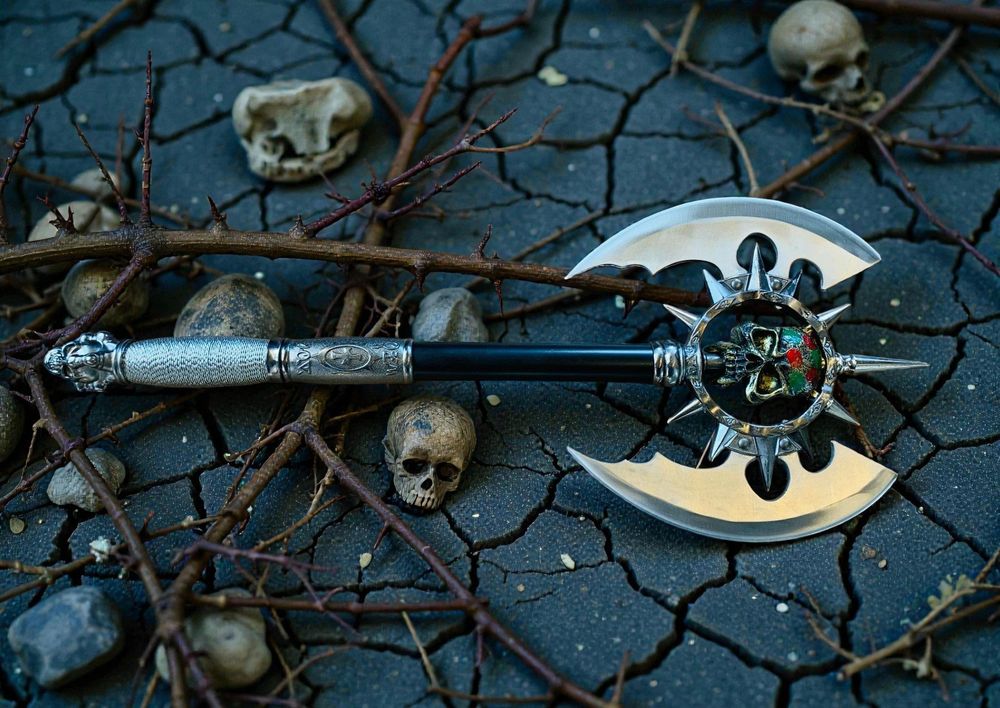 Axt Messer Doppelaxt mit Schädel-Dekor 63cm Totenkopf NEU (Neu und ...