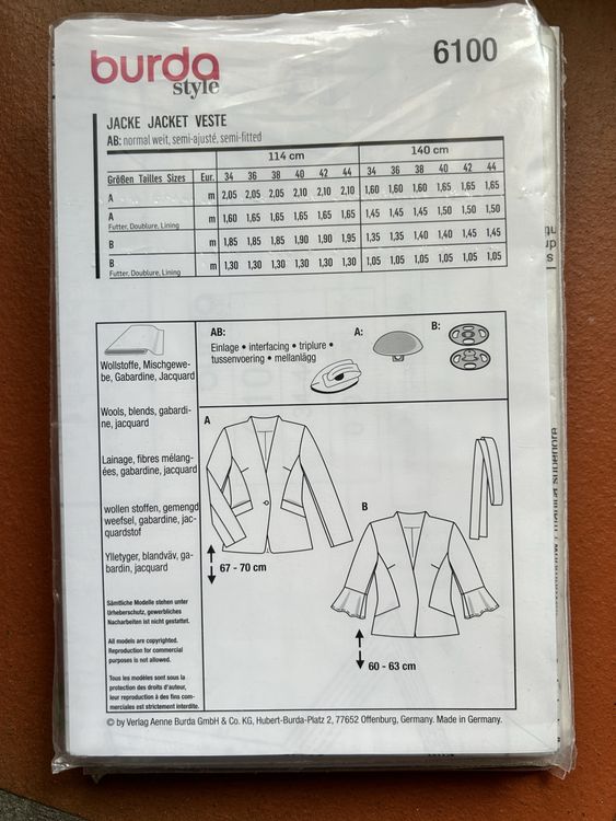 Cartamodello giacca Burda 6100 taglia 34-44 nuovo | Kaufen auf Ricardo