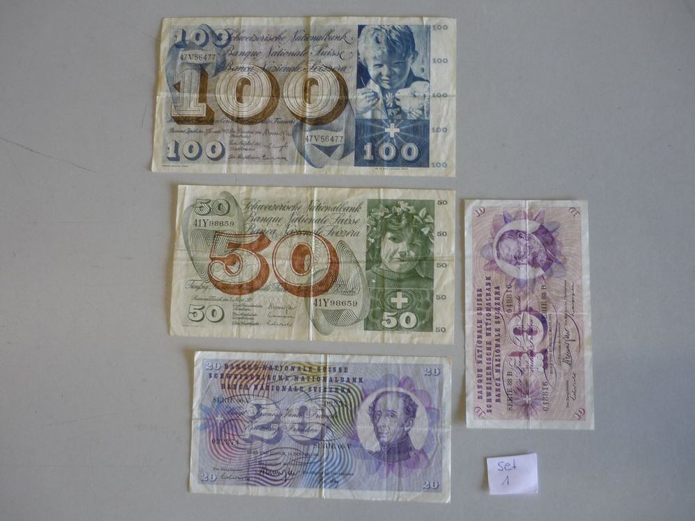4 alte Schweizer Banknoten (Set 1)100 50 20 10 Franken Noten (Gebraucht ...