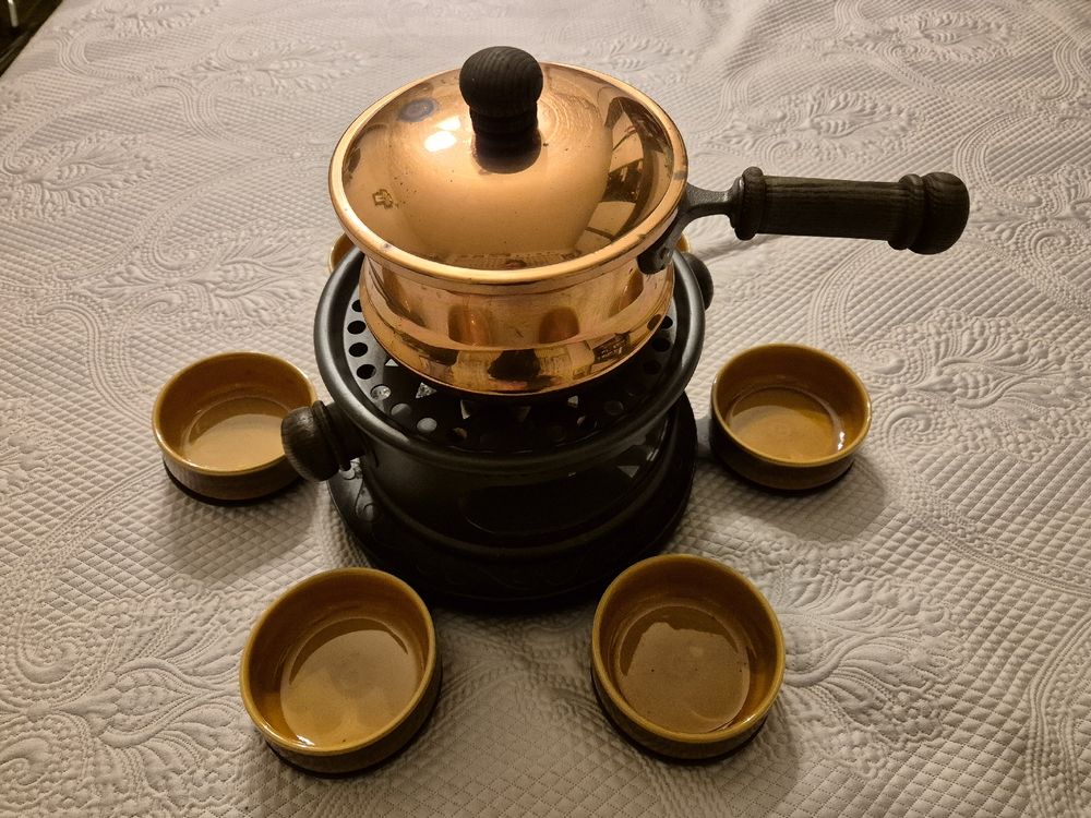 KUPFER CAQUELON SET FONDUE-BOURGUINON MIT 6 SCHALEN+ 6 GABEL (Gebraucht ...