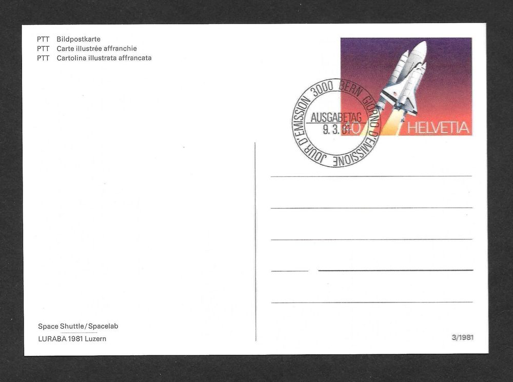 Bildpostkarte Space Shuttle Luraba Luzern ET Bern 9.3.1981 (Neu (gemäss Beschreibung)) in Olten ...