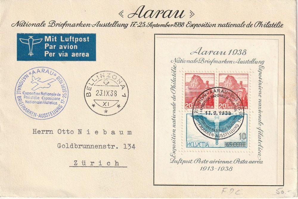 Naba-Block Aarau 1938 auf geflogenem Sonderumschlag | Kaufen auf Ricardo