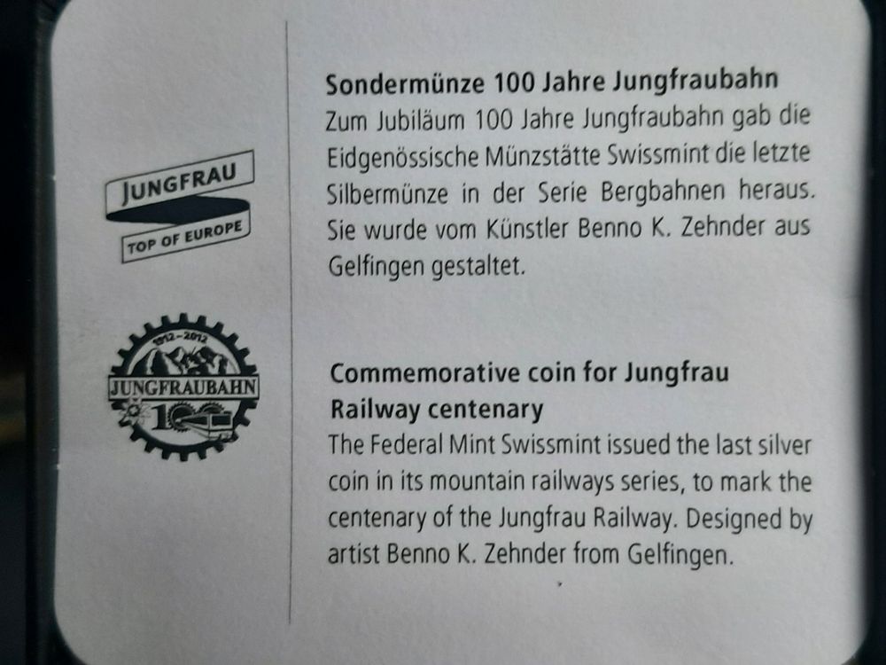 Gedenkmünze 20 FR. 100 Jahre Jungfraubahn (Neu (gemäss Beschreibung)) in Bern für CHF 29 – mit ...