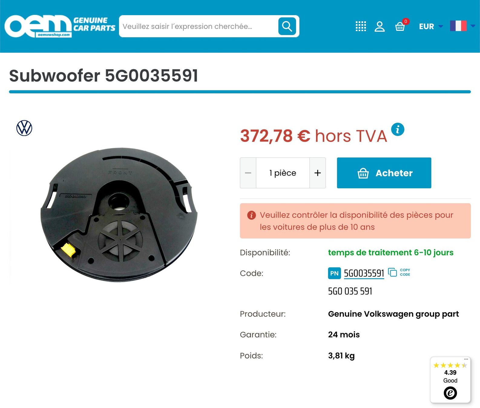 Subwoofer VW Dynaudio 5G0035591 Volkswagen caisson de basse (D'occasion ...