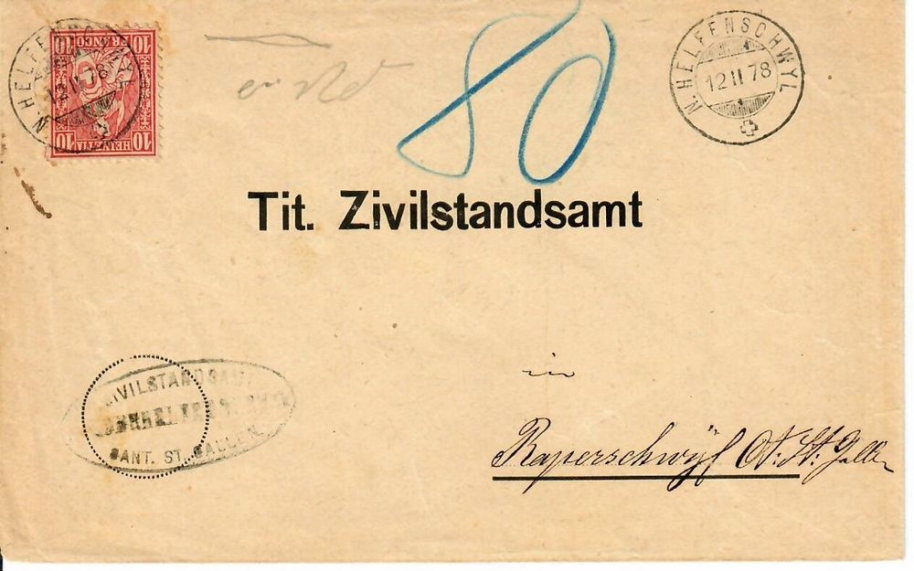 Brief, Zivilstandsamt N. Helfenschwyl 1878 (Gebraucht) in Hochdorf für ...