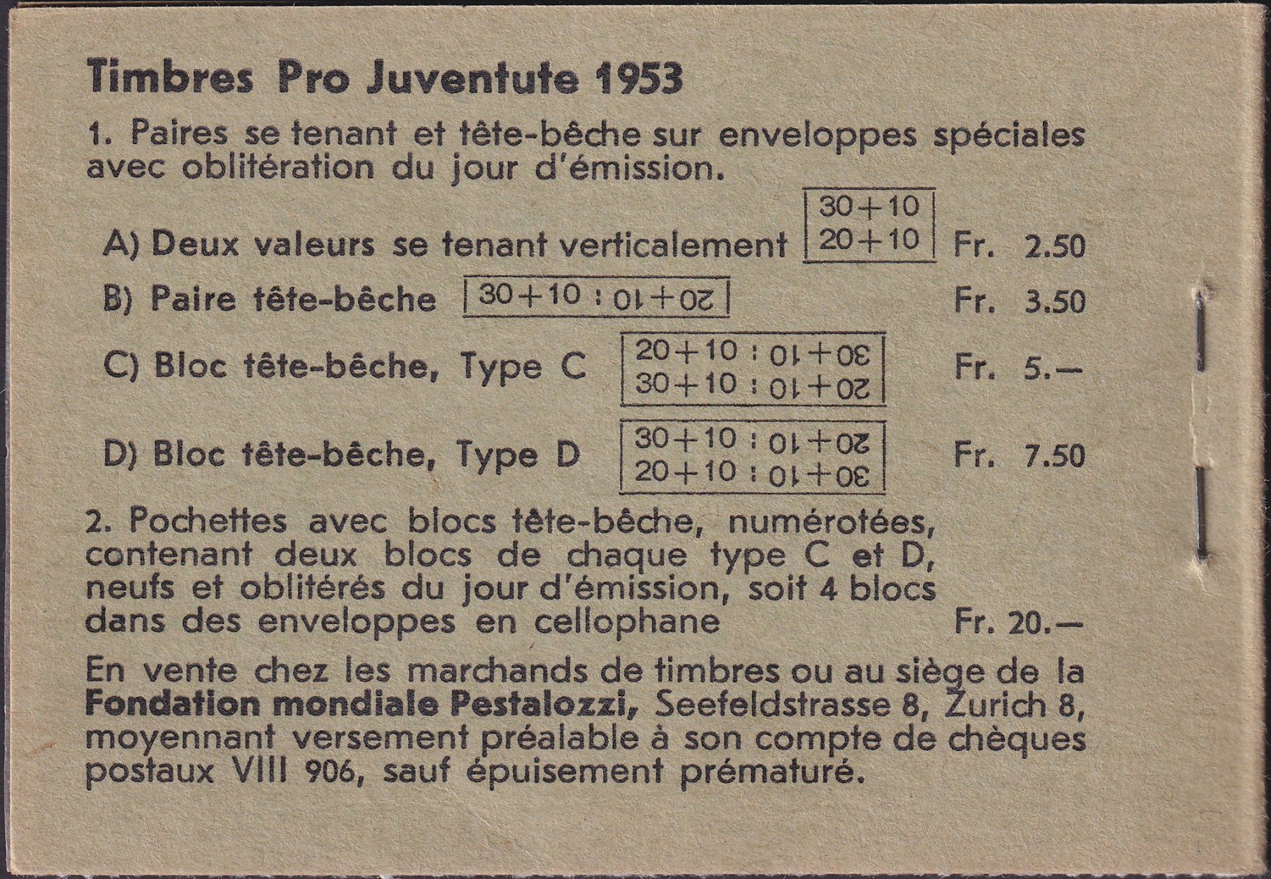 1953, Markenheftli PJ (französisch) Nr.2a, Kat: 250.-+ (Gebraucht) in Sursee für CHF 40 – mit ...