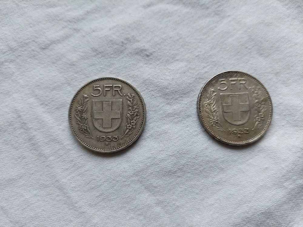 Zwei Fr. 5.-- Silbermünzen, Jahrgang 1933 (Gebraucht) in Frauenfeld für CHF 17 – mit Lieferung ...