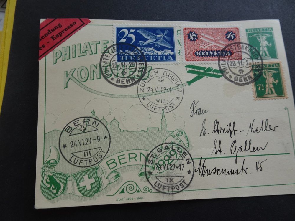 24.VI.29., PHILATELISTEN KONGRESS BERN; FLUGPOST; 3 STEMPEL (Gebraucht ...