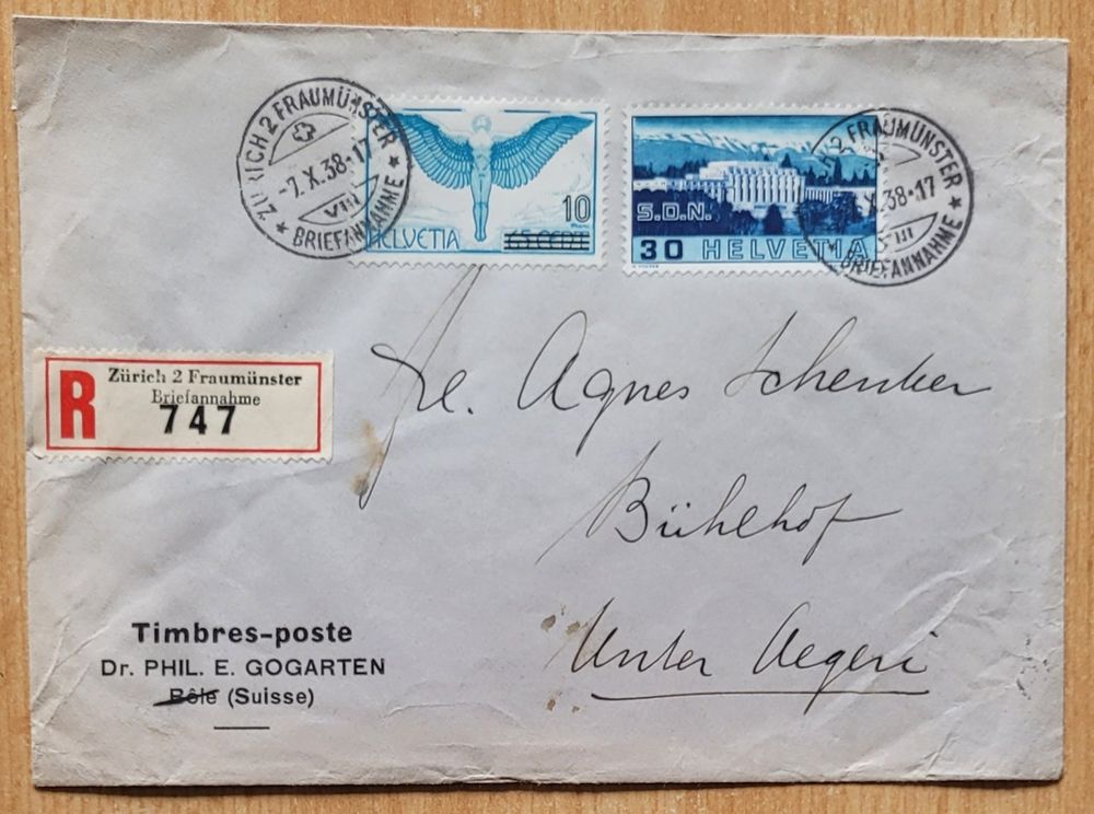 Enveloppe ZURICH - UNTERÄGERI 1938 (Gebraucht) in Ste-Croix für CHF 1 – mit Lieferung auf ...