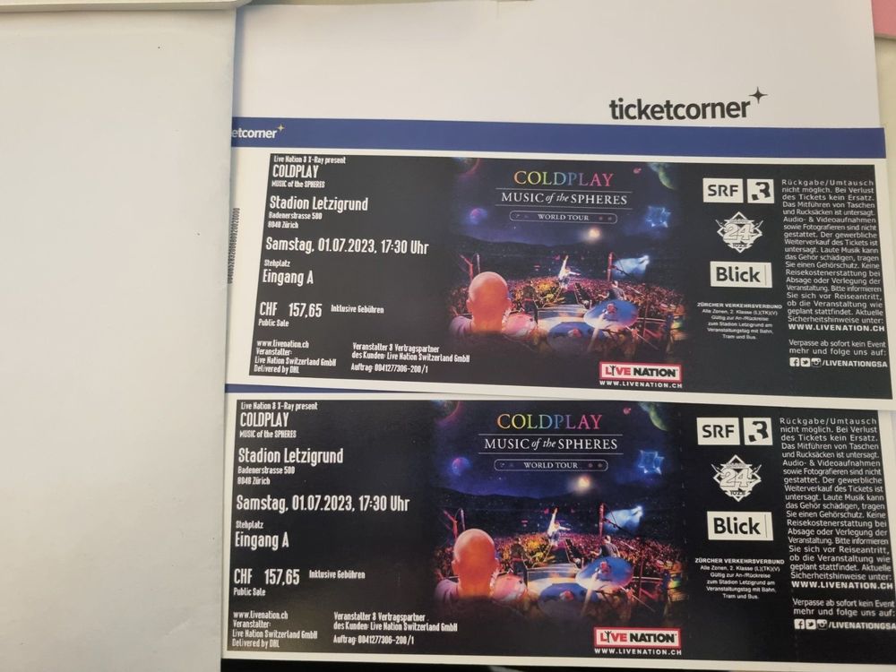 Colplay Tickets Stehplätze Zürich Letzigrund 01.07.2023 (Neu (gemäss ...