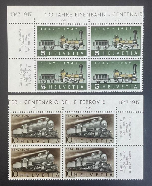 100 Jahre Schweizer Eisenbahnen 1947, Satz Viererblöcke ** (Gebraucht) in Luzern für CHF 6 – mit ...