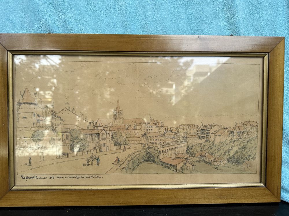 Dessin Fribourg 1857, aquarelle, encadré 50x30cm. (Gebraucht) in Lausanne für CHF 50 – mit ...
