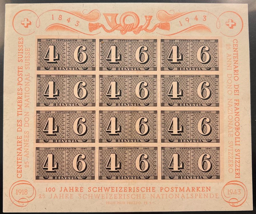 1943 Luxusblatt 100 J. CH-Marken ** SBK 140.- (Gebraucht) in St. Gallen für CHF 29.5 – mit ...