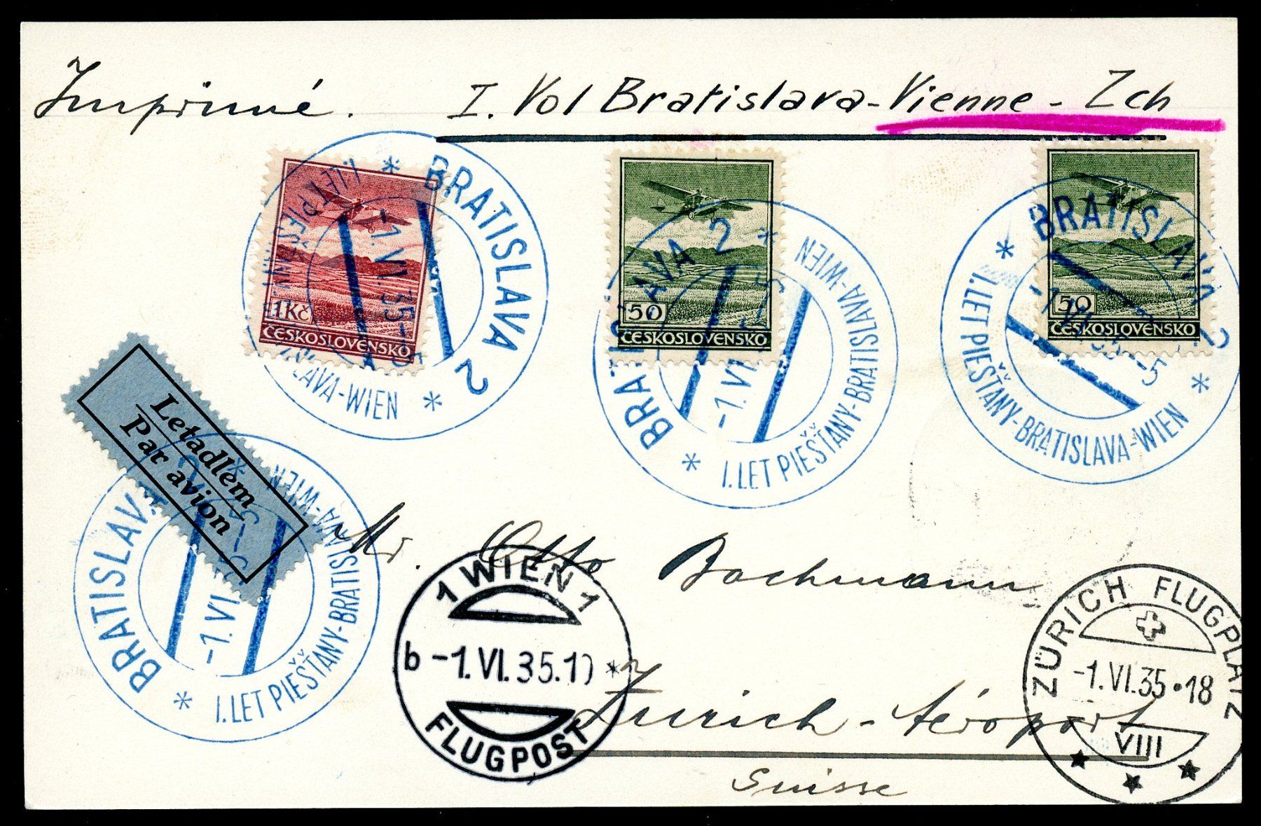 Flug Bratislava -Wien-Zürich FP-Handbuch 35.6.b - Kat. 500.- (Gebraucht ...