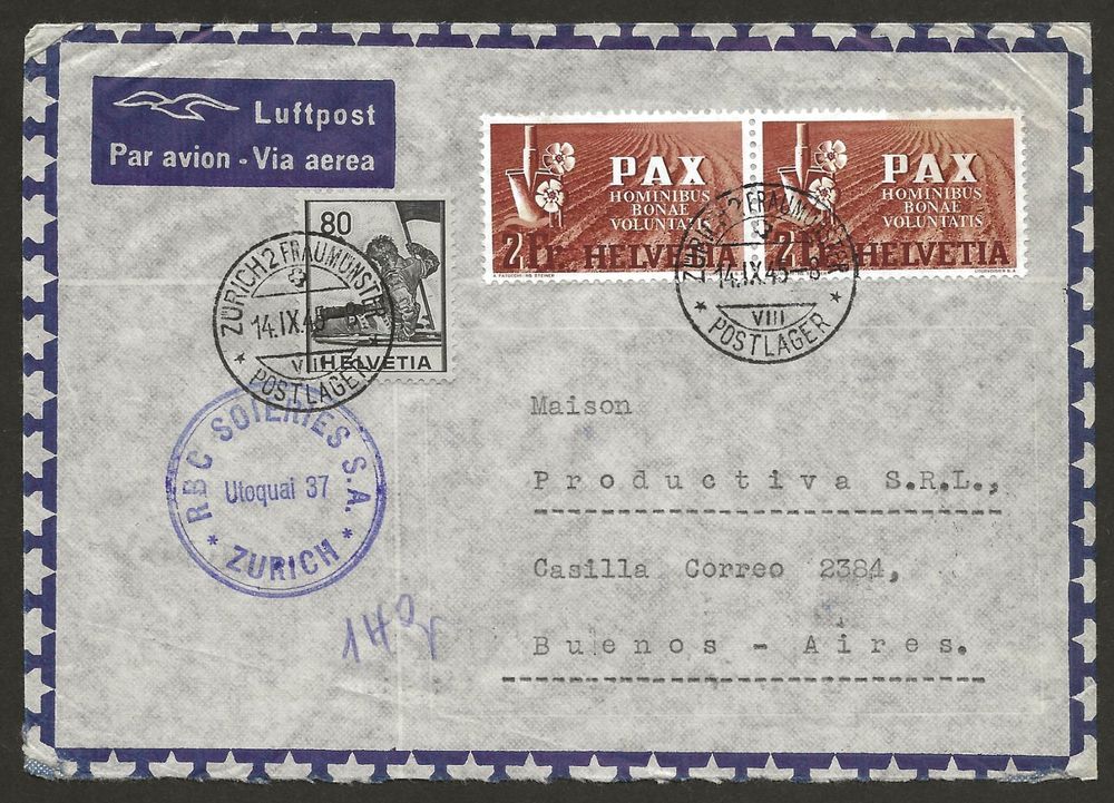 Flugpost Schweiz 1945 ZÜRICH - BUENOS AIRES PAX 2.- (Gebraucht) in Au ZH für CHF 170 – mit ...