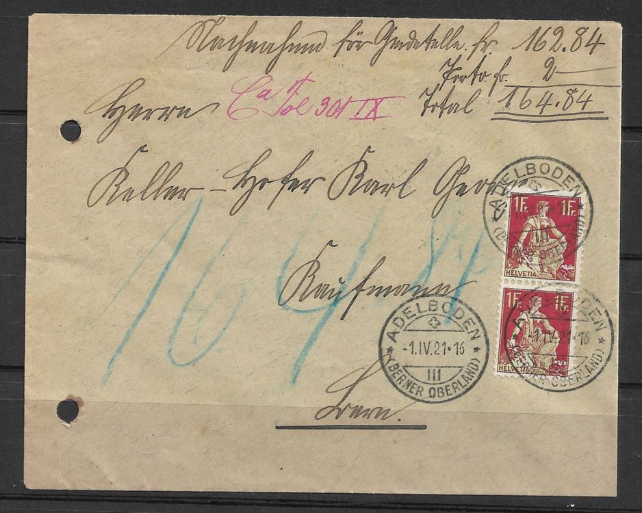 Helvetia mit Schwert Nr. 115 Paar auf 1921 gelauf. Brief (Gebraucht) in Sirnach für CHF 15 – mit ...