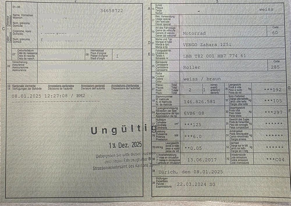 Vengo Zahara 125i Roller (Defekt) in Elgg für CHF 1 – nur Abholung auf ...