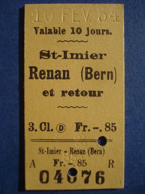 SBB - 10.2.1934 - St.IMIER - RENAN BE - 3.Classe | Kaufen auf Ricardo