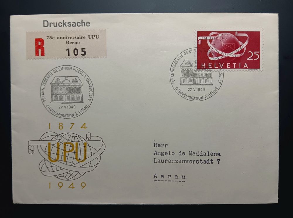 75 Jahre UPU 1949, R - Brief nach Aarau (Gebraucht) in Holderbank AG für CHF 4 – mit Lieferung ...