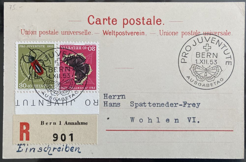 Postkarte "Die ersten Briefmarken der Schweiz" mit FDC 1953 (Gebraucht) in Flawil für CHF 20 ...