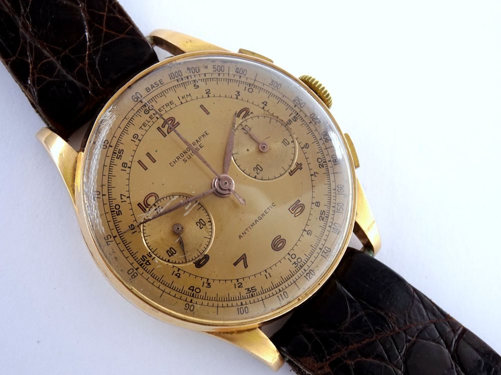 CHRONOGRAPHE SUISSE 18K 1950ER CHRONO HANDAUFT0ZUG LANDERON (Gebraucht ...