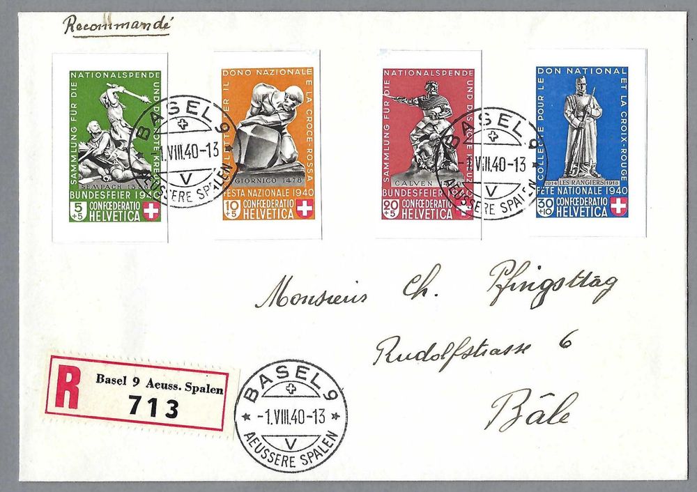 PP 1940, BUNDESFEIER BLOCK, EINZELWERTE, 0 BASEL 1.VIII (Gebraucht) in Pura für CHF 550 – mit ...