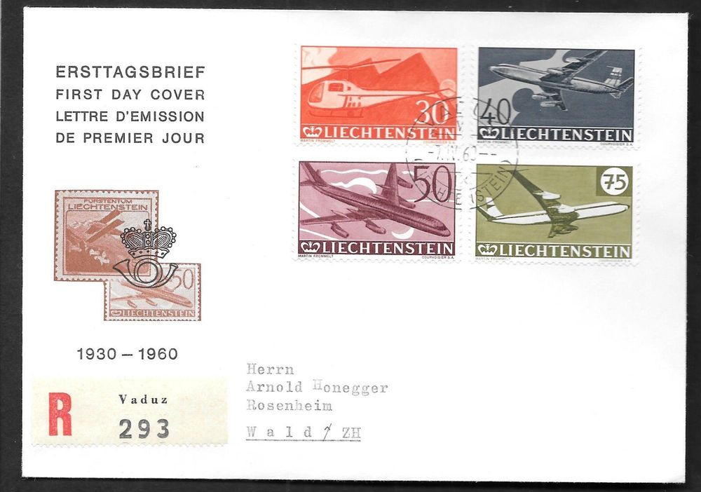 Liechtenstein R-FDC Serie F34-F37 Flugpostmarken ET 7.4.1960 (Neu (gemäss Beschreibung)) in ...