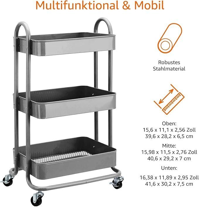 Küchenwagen 3 Ebenen Rollwagen auf Rollen Badregal Küchenreg (Neu und originalverpackt) in ...