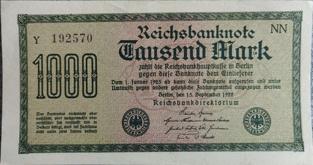 Reichsbanknote 1000 Mark 1922 (Gebraucht) in Steinen für CHF 2 – mit ...