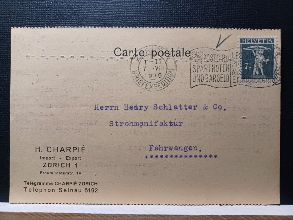 H.CHARPIÉ, Import - Export, Zürich 1, 1919, Werbestempel (Gebraucht) in ...