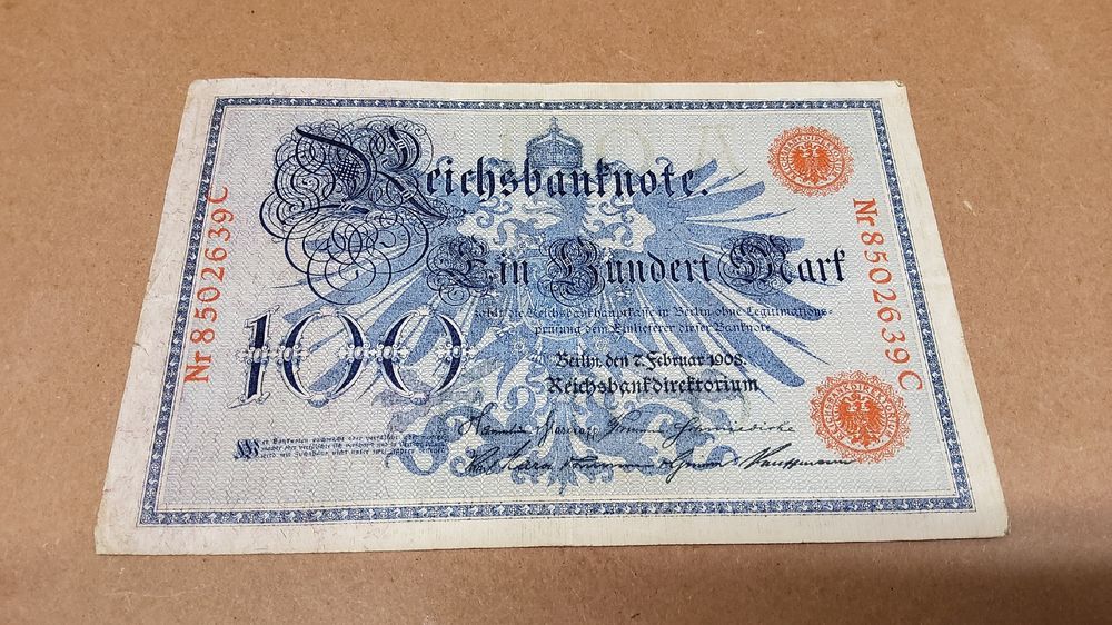 Reichsbanknote 100 Mark 1908 Nr. 8502639C | Kaufen auf Ricardo